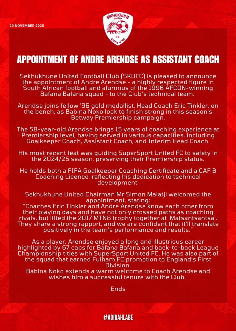 ANDRE ARENDSE APPOINTED AS ASSISTANT COACH: BETWAYS PREMIERSHIP TEAM ...